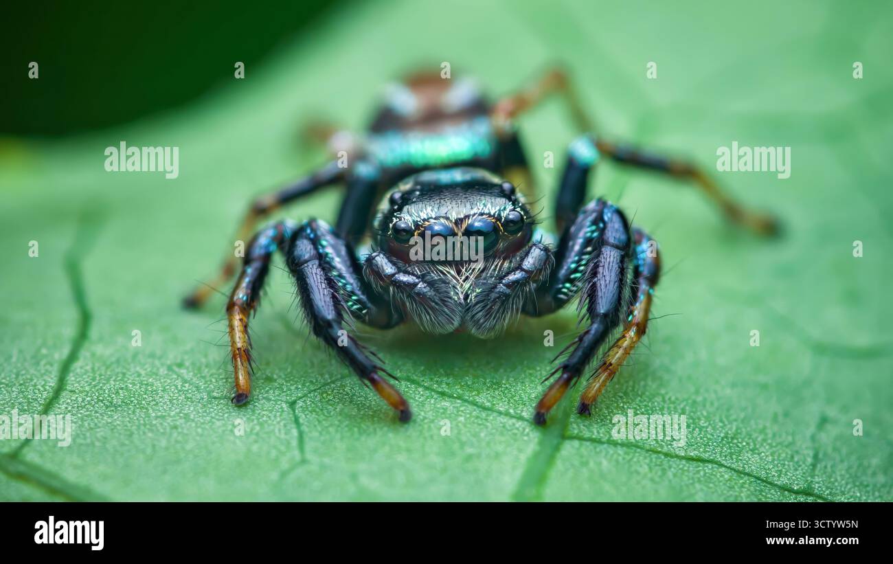 Jumping spider with vibrant blue and green iridescent markings ...