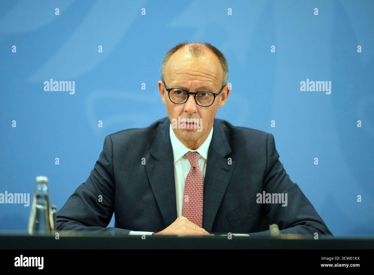 German Chancellor Friedrich Merz briefs the media after a leaders ...