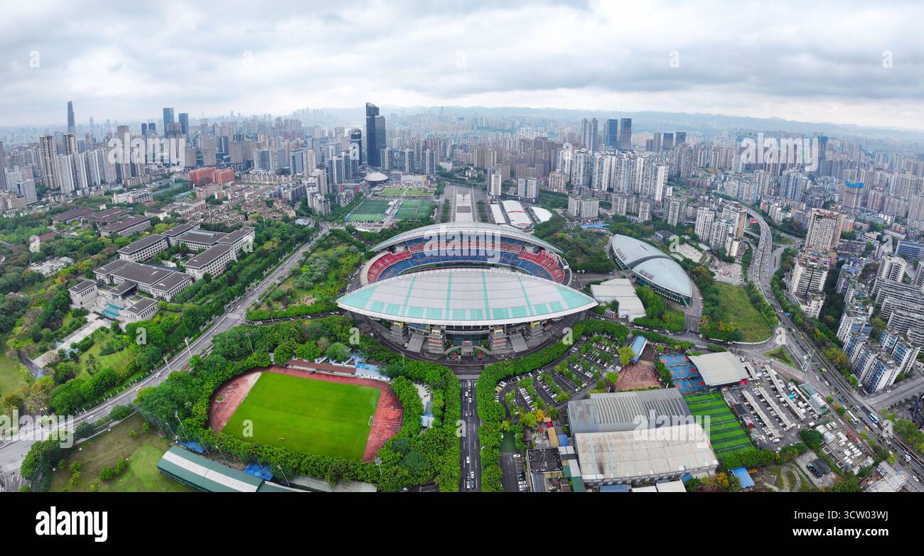 Aerial photography of the Olympic Sports Center Stadium in Jiulongpo ...
