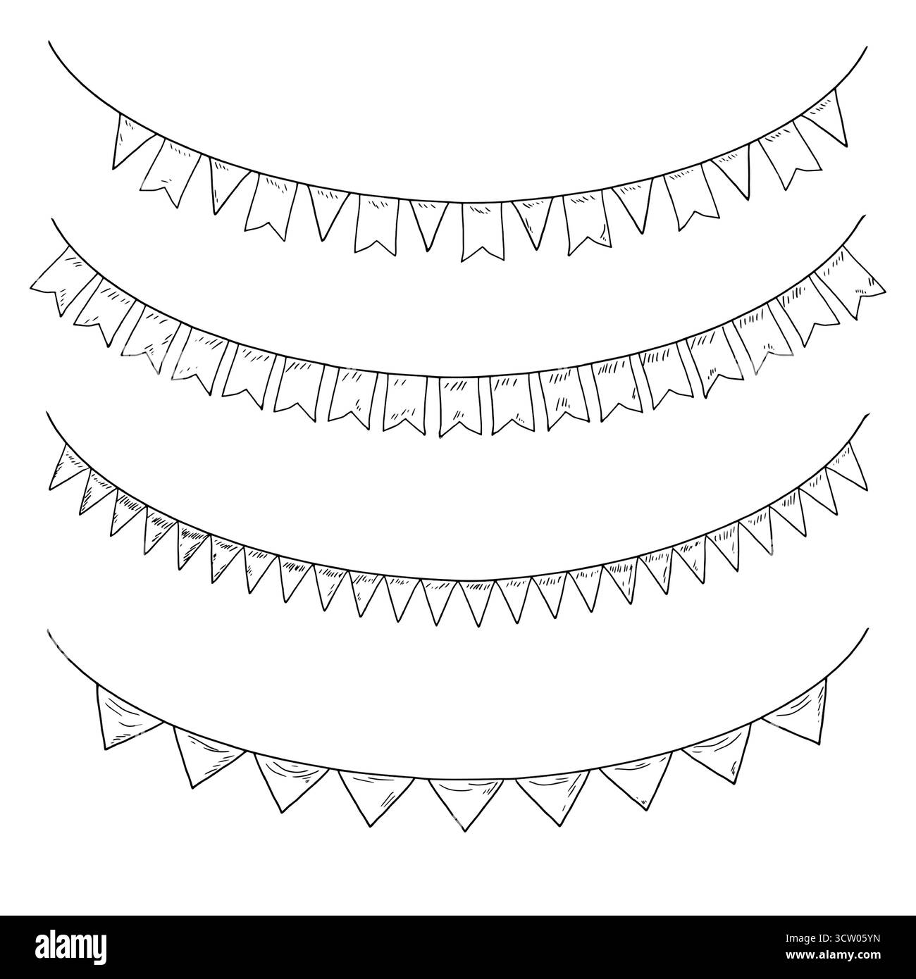 Garland of flags of different shapes, black and white sketch. Vector ...