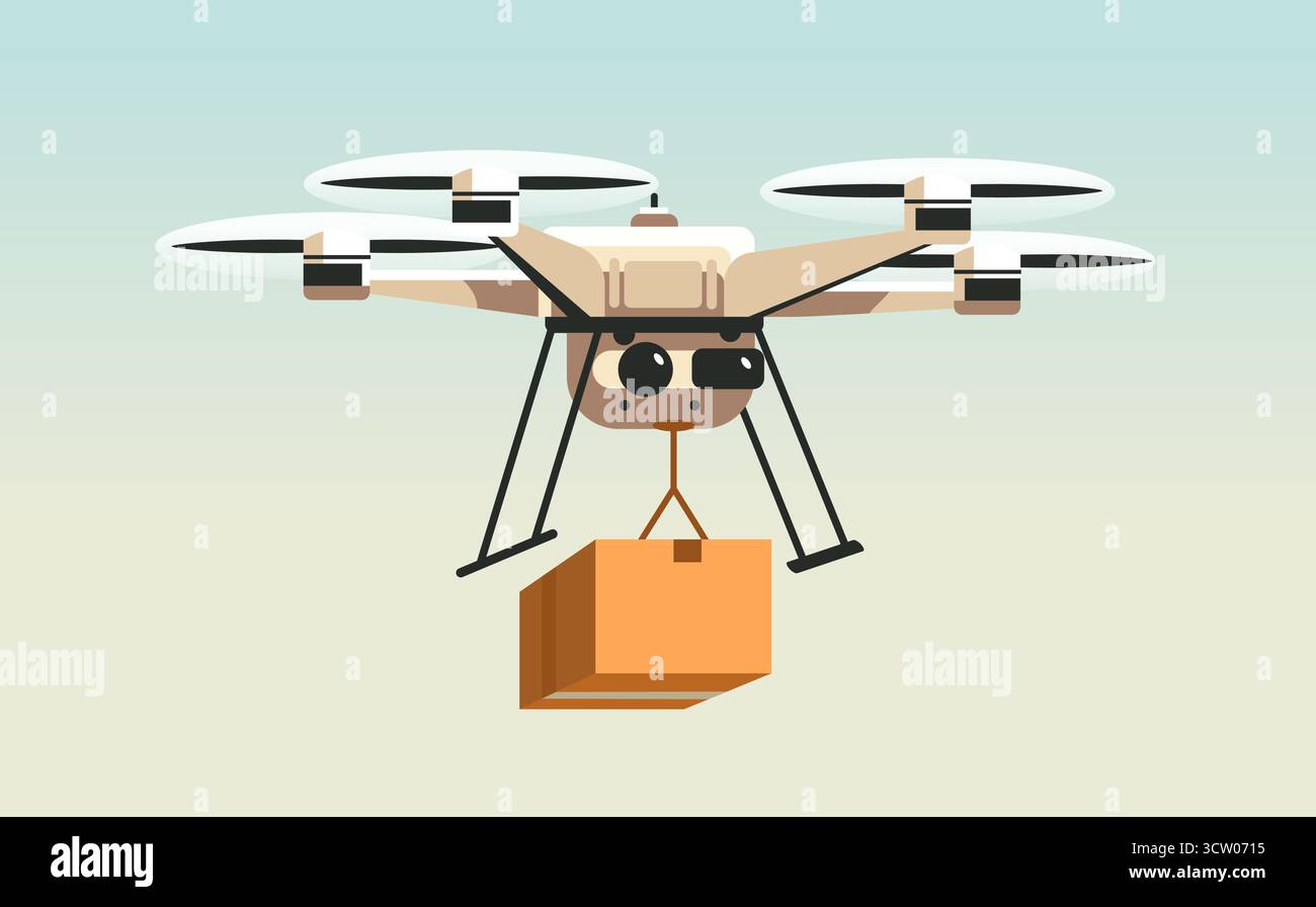 Drone delivery service aerial package shipping quadcopter flying with ...