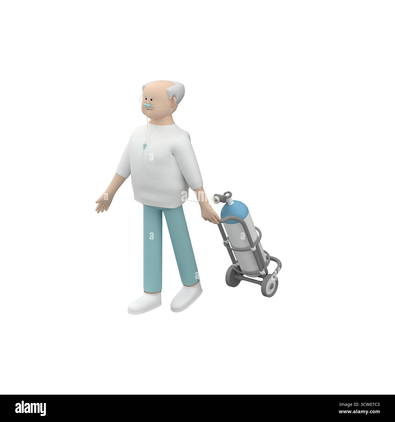 Senior male character walking with oxygen tank. Elderly male pulling ...