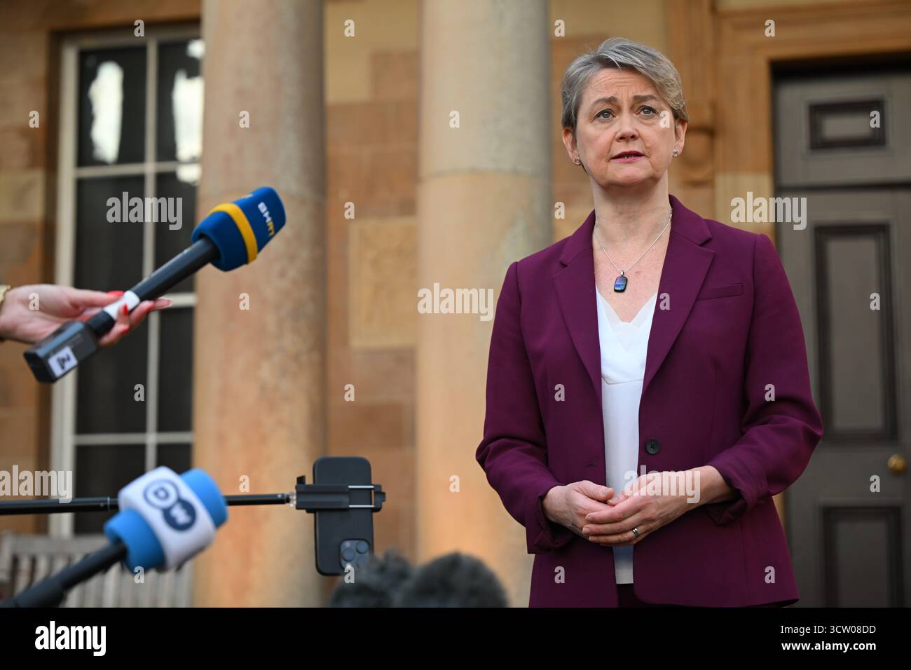 British Foreign Secretary Yvette Cooper speaks to the media before the ...