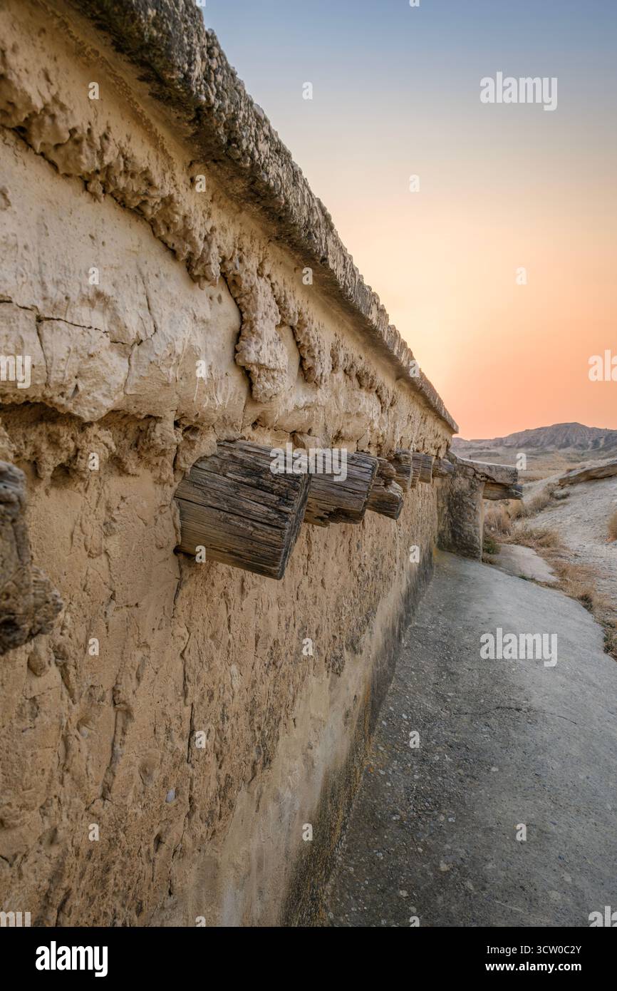 Rustic Adobe Wall Detail with Exposed Wooden Beams in Bardenas Reales ...