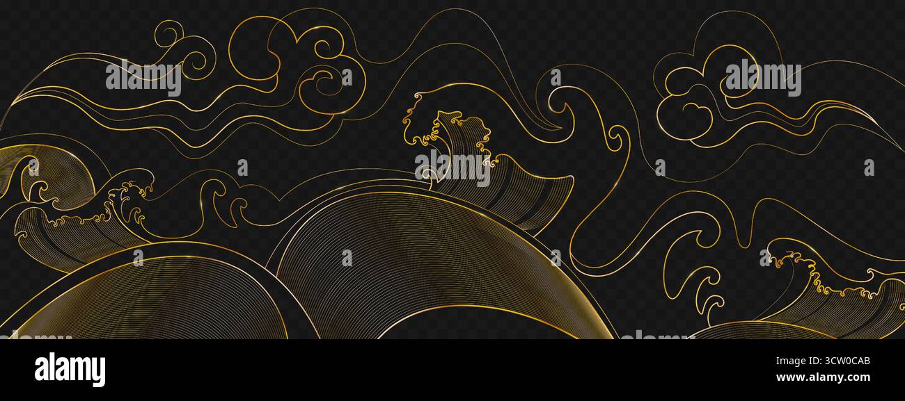 Japanese water wave patterns with golden line art and swirling ocean ...