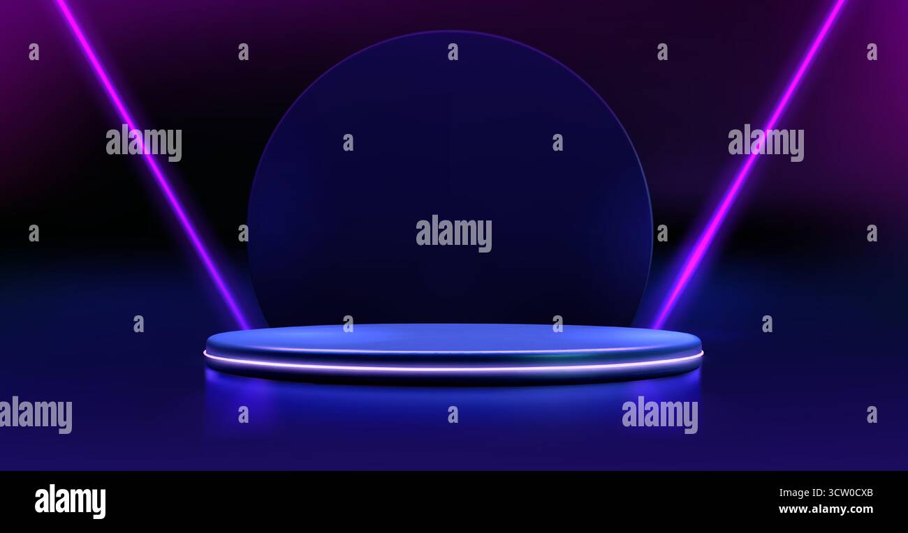 Blue neon podium with circular backdrop and glowing pink laser beams on ...