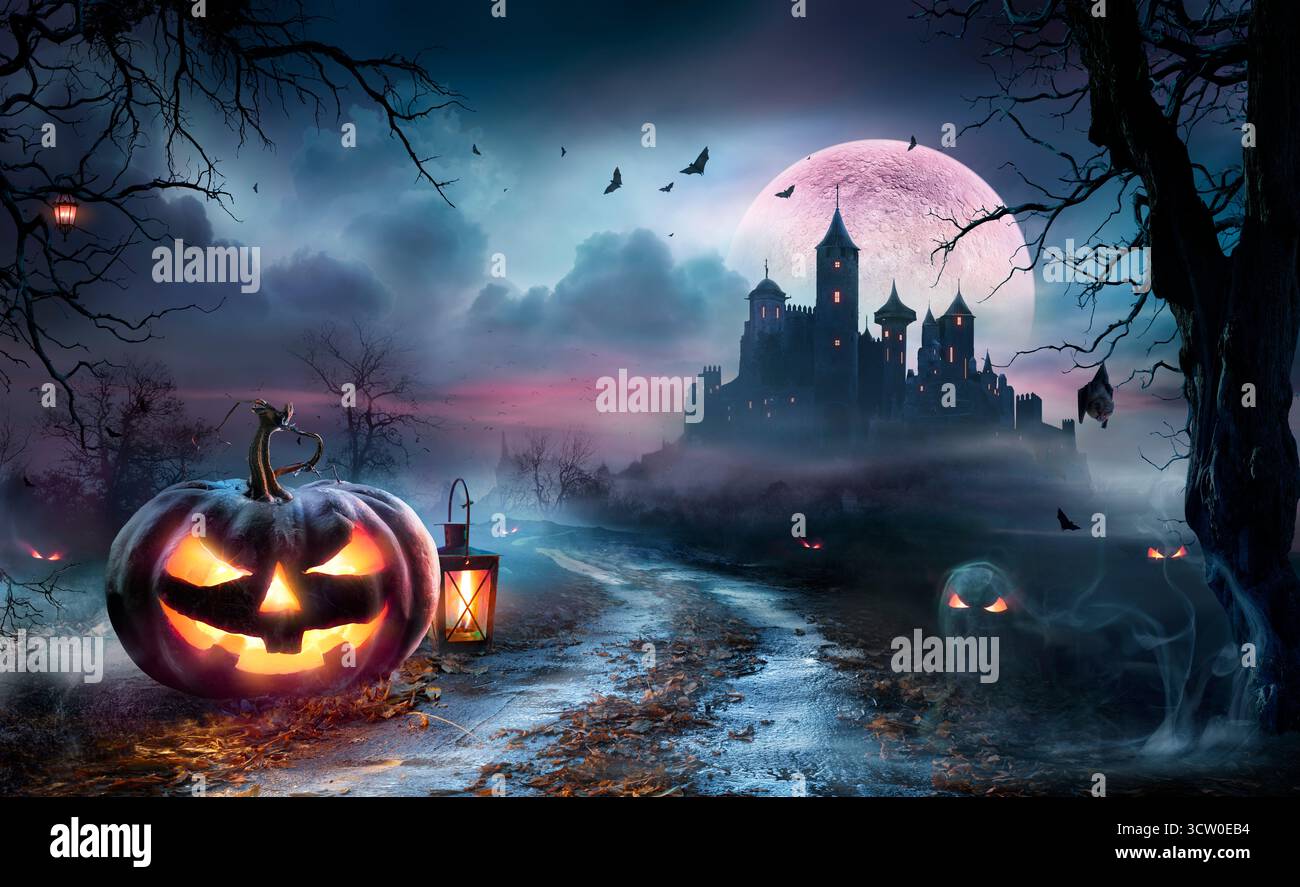Halloween Pumpkins On Road With Medieval Castle At Moonlight - Jack O ...