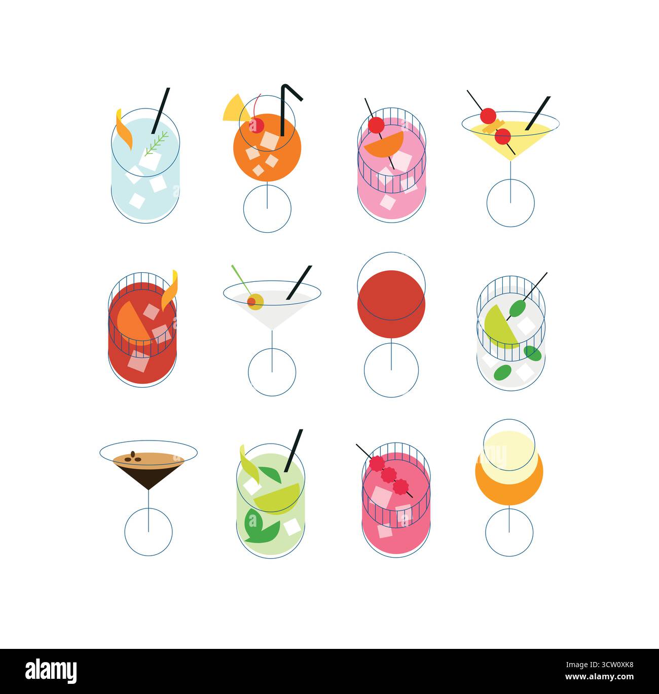 Cocktails set margarita, mojito, martini, old fashioned, cosmopolitan ...