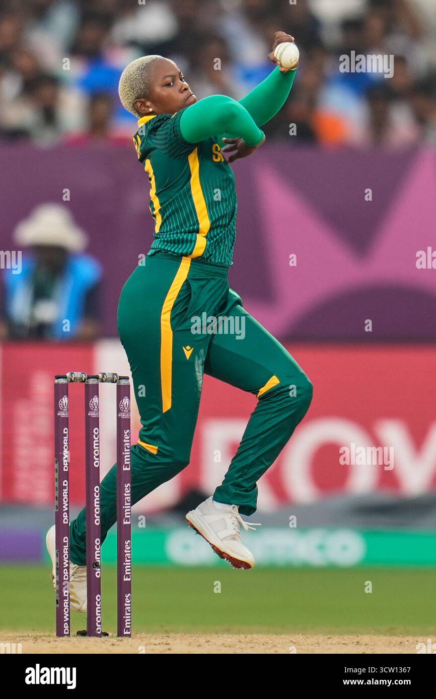 South Africa's Nonkululeko Mlaba bowls a delivery during the ICC Women's Cricket World Cup match ...