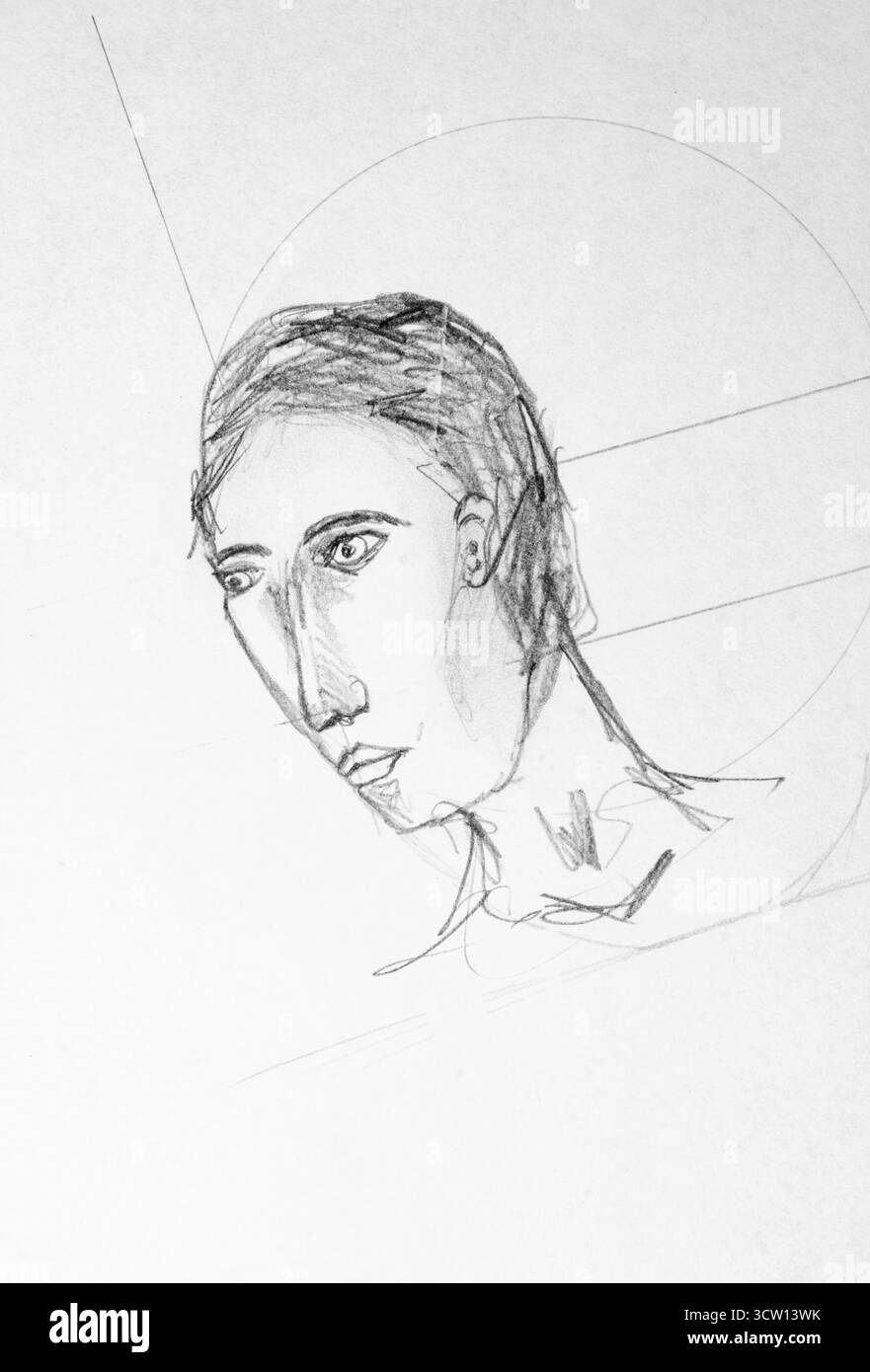 Academic portrait sketch focusing on facial symmetry eyes nose mouth ...