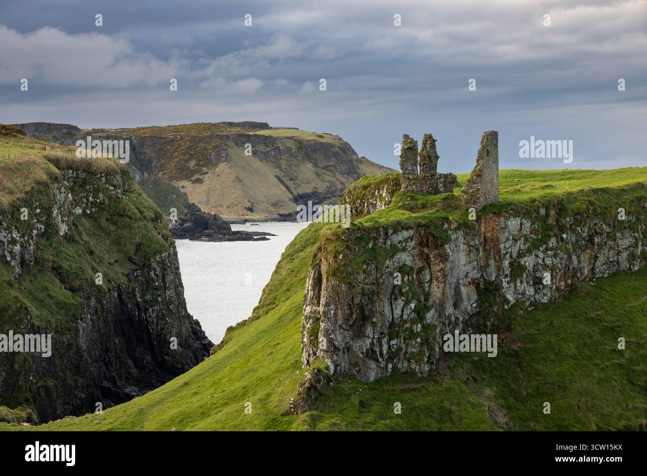 The ruins of Dunseverick Castle on the cliff tops of the Causeway Coast ...