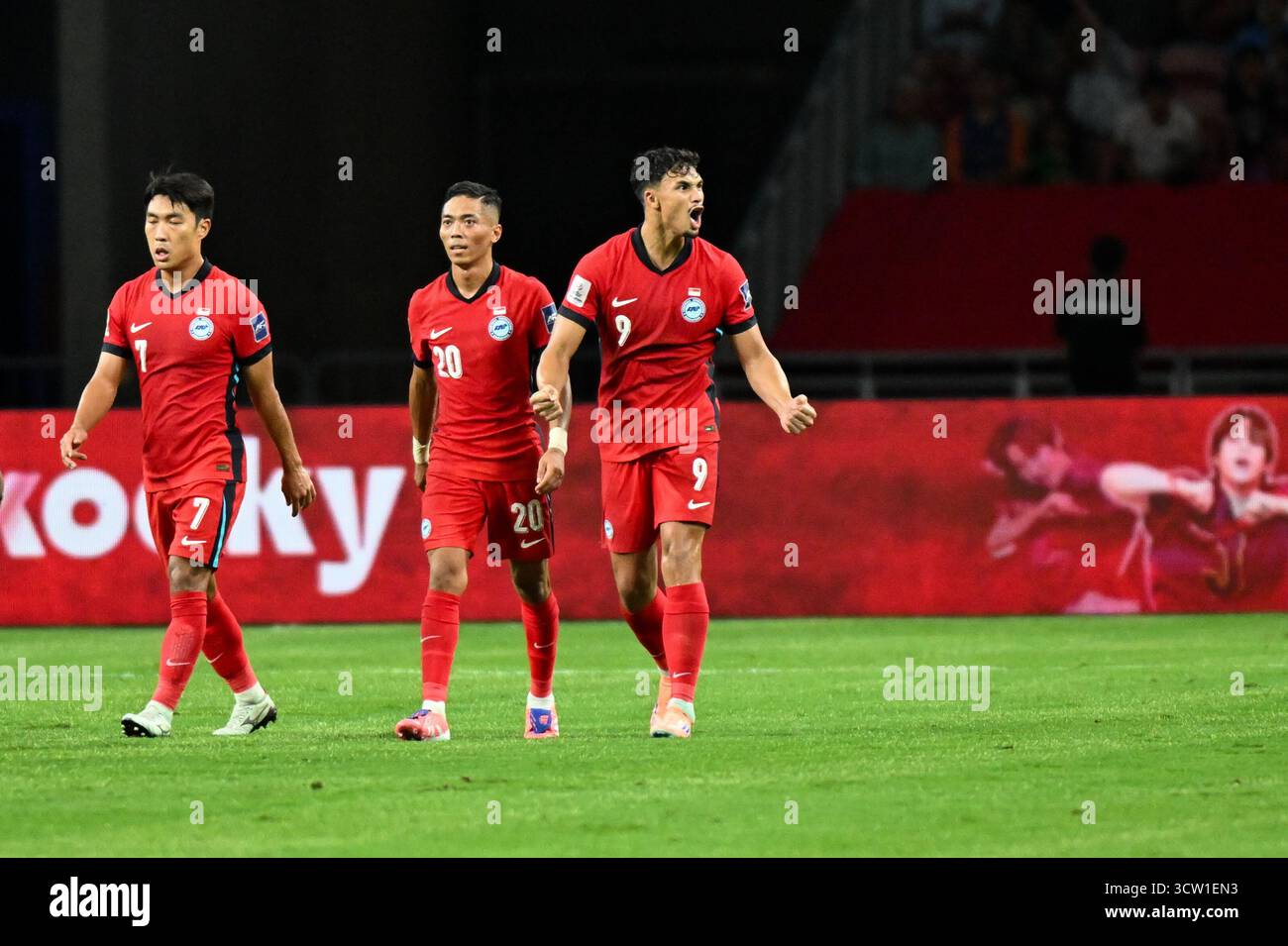 National Stadium, Singapore, 9th Oct 2025 — Singapore's IKHSAN FANDI AHMAD (#9) celebrating his ...