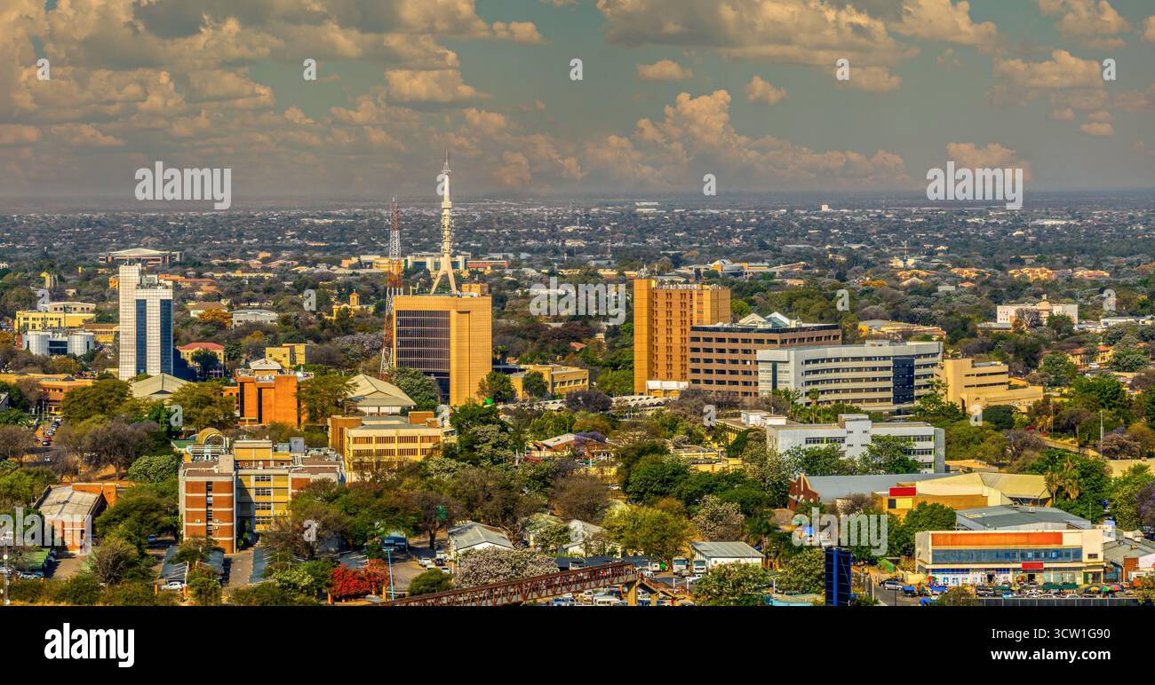 panoramic aerial view of Gaborone city skyline, towers high rise ...