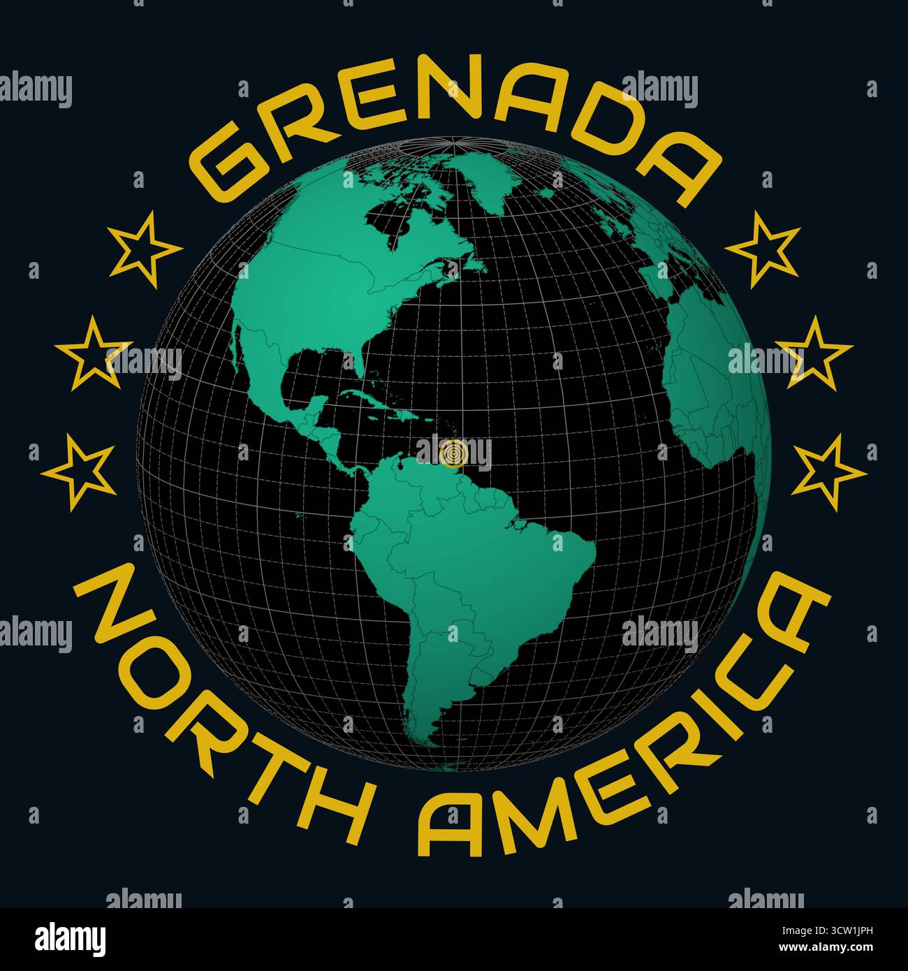 Grenada on Globe. Round country and continent name text. Country view ...