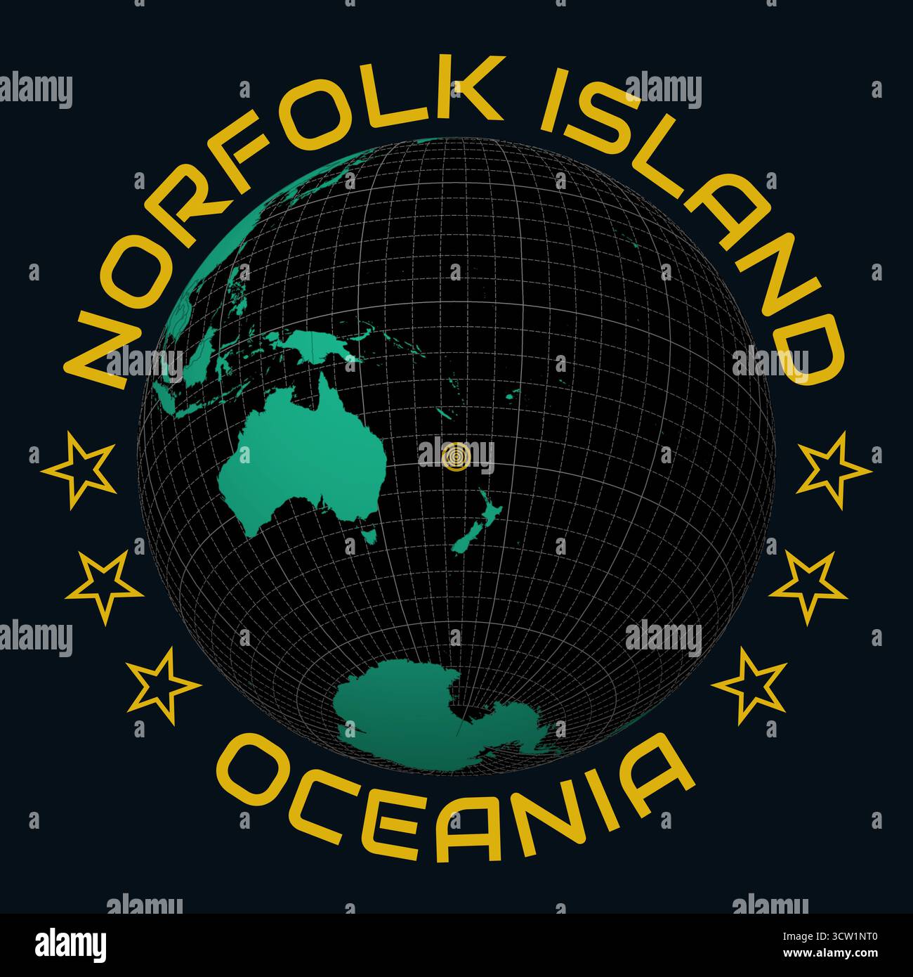 Norfolk Island on Globe. Round country and continent name text. Country ...