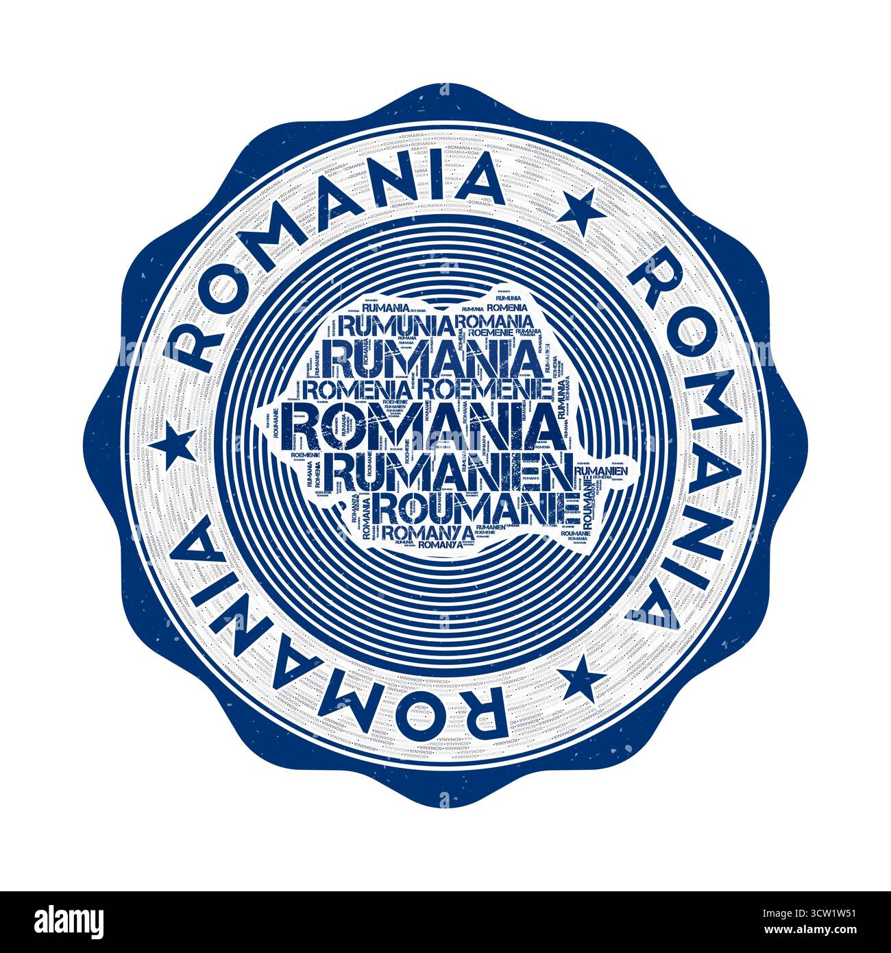 Romania seal. Country round logo with shape of Romania and country name ...