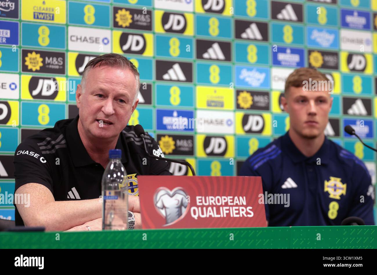 Northern Ireland manager Michael O'Neill and Daniel Ballard during a ...