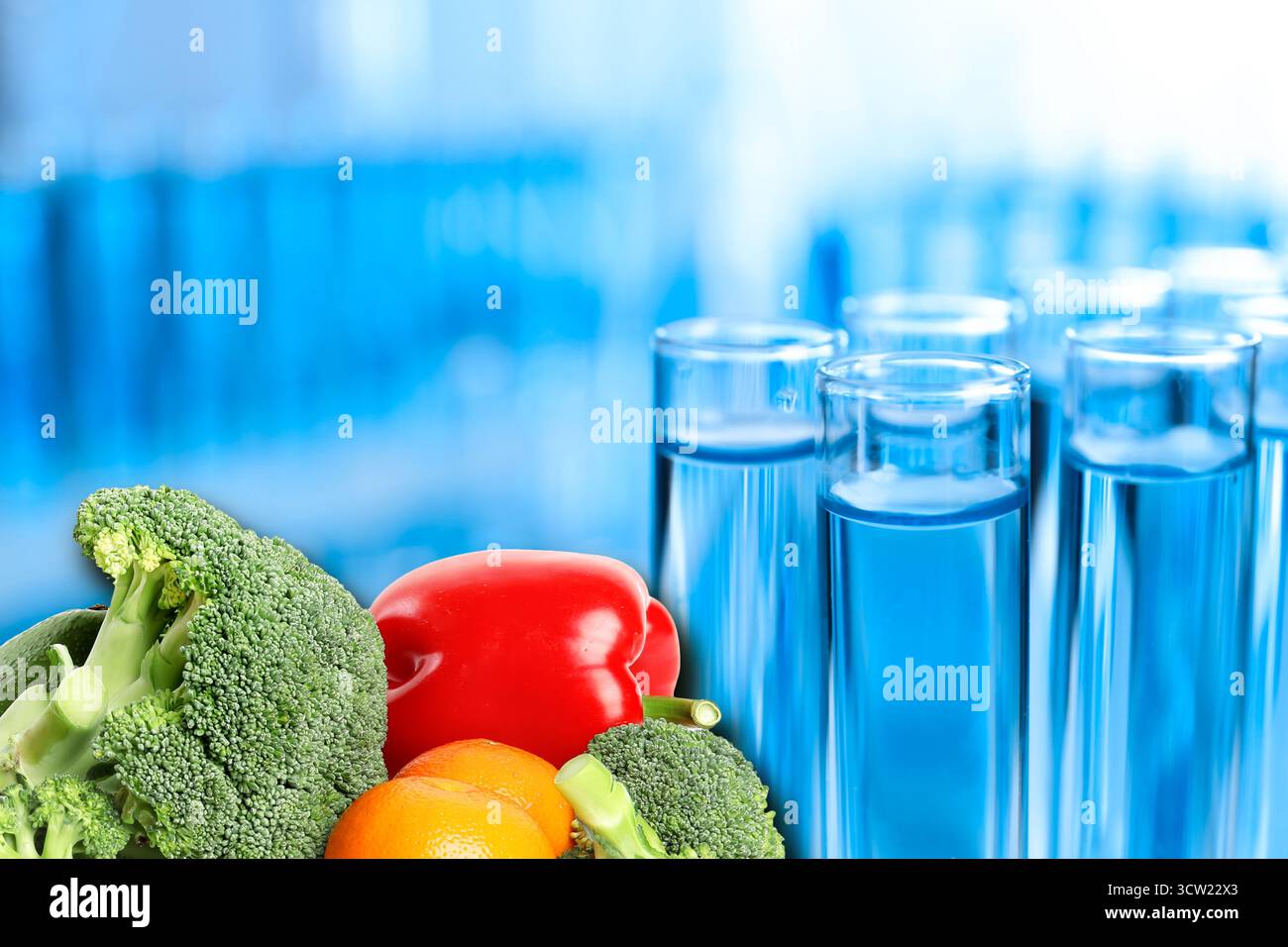 Food laboratory analysis. Test tubes and fresh products Stock Photo - Alamy