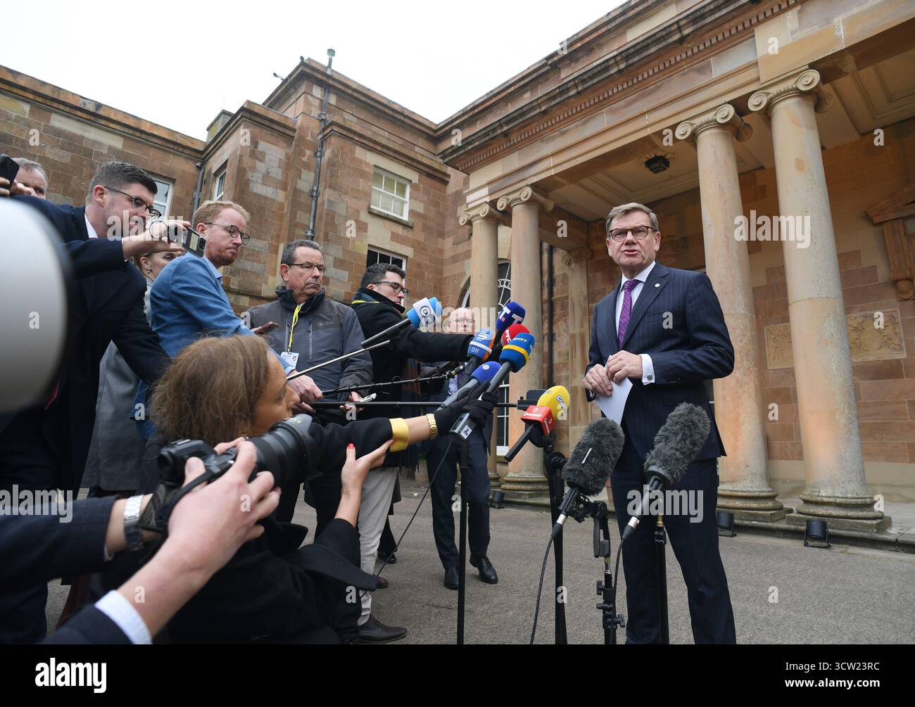 German Foreign Affairs minister Johann Wadephul, right, talks to the media before the Western ...