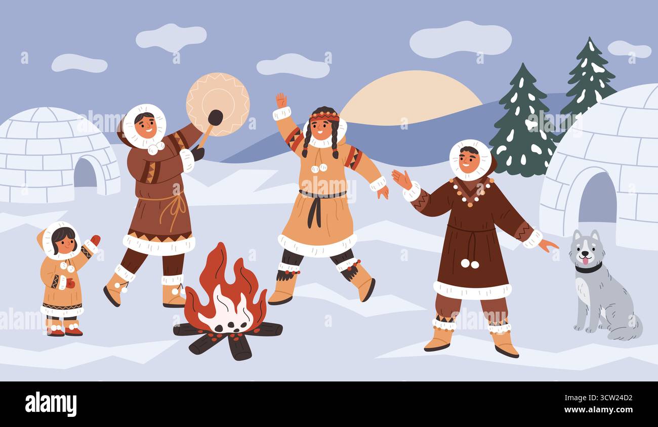 Eskimos life scene. North pole, arctic people, traditional clothes from ...