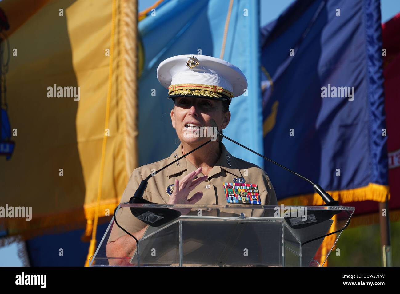 U.S. Marine Lt. Gen. Bobbi Shea speaks during the 250th anniversary of ...