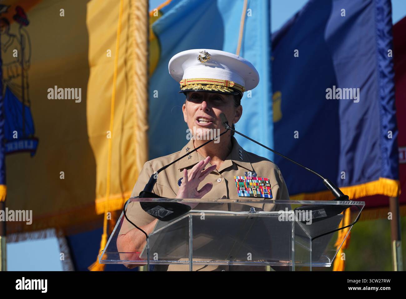 U.S. Marine Lt. Gen. Bobbi Shea speaks during the 250th anniversary of ...
