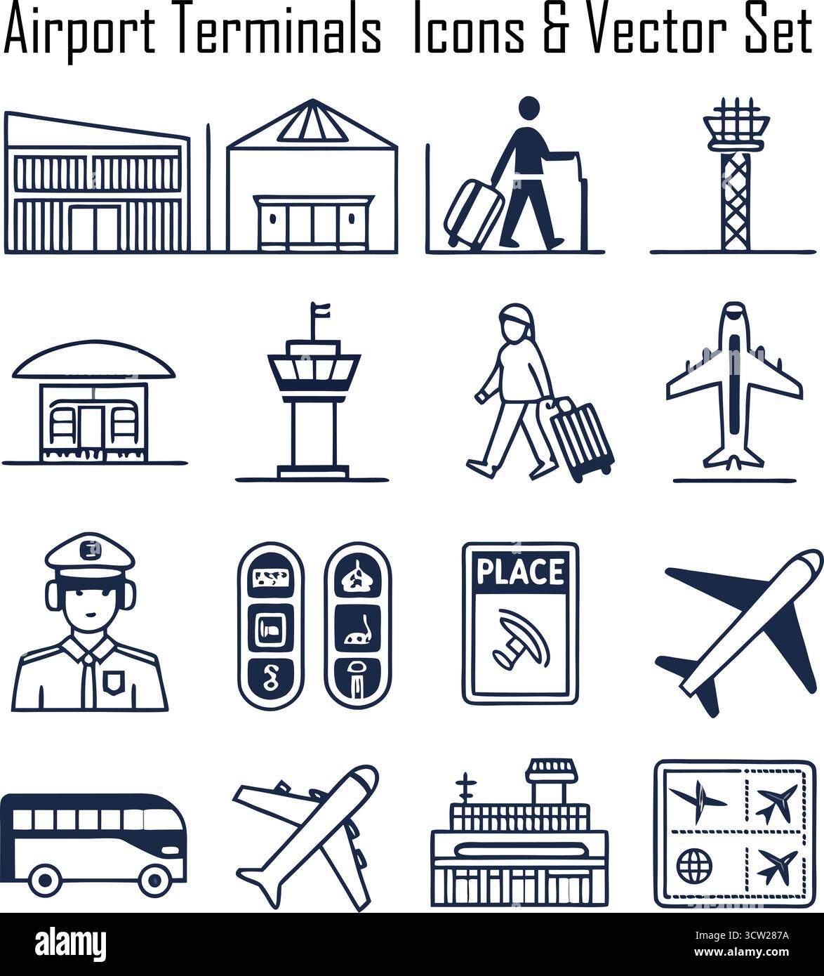 Airport terminal icons set vector illustration of travel aviation and ...