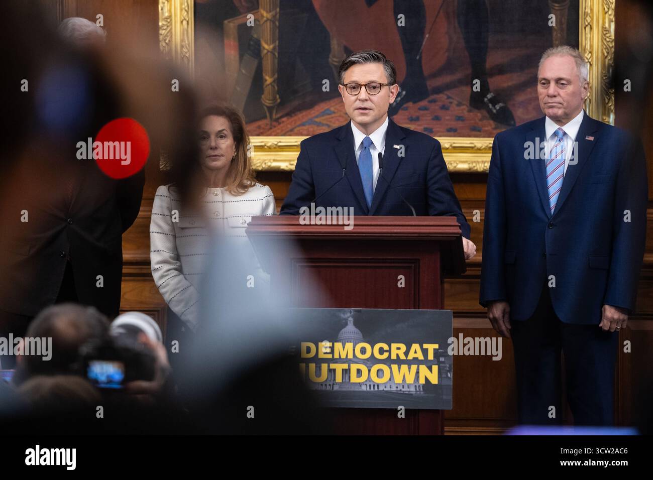 House Speaker Mike Johnson (R-La.) speaks alongside Reps. Lisa McClain ...