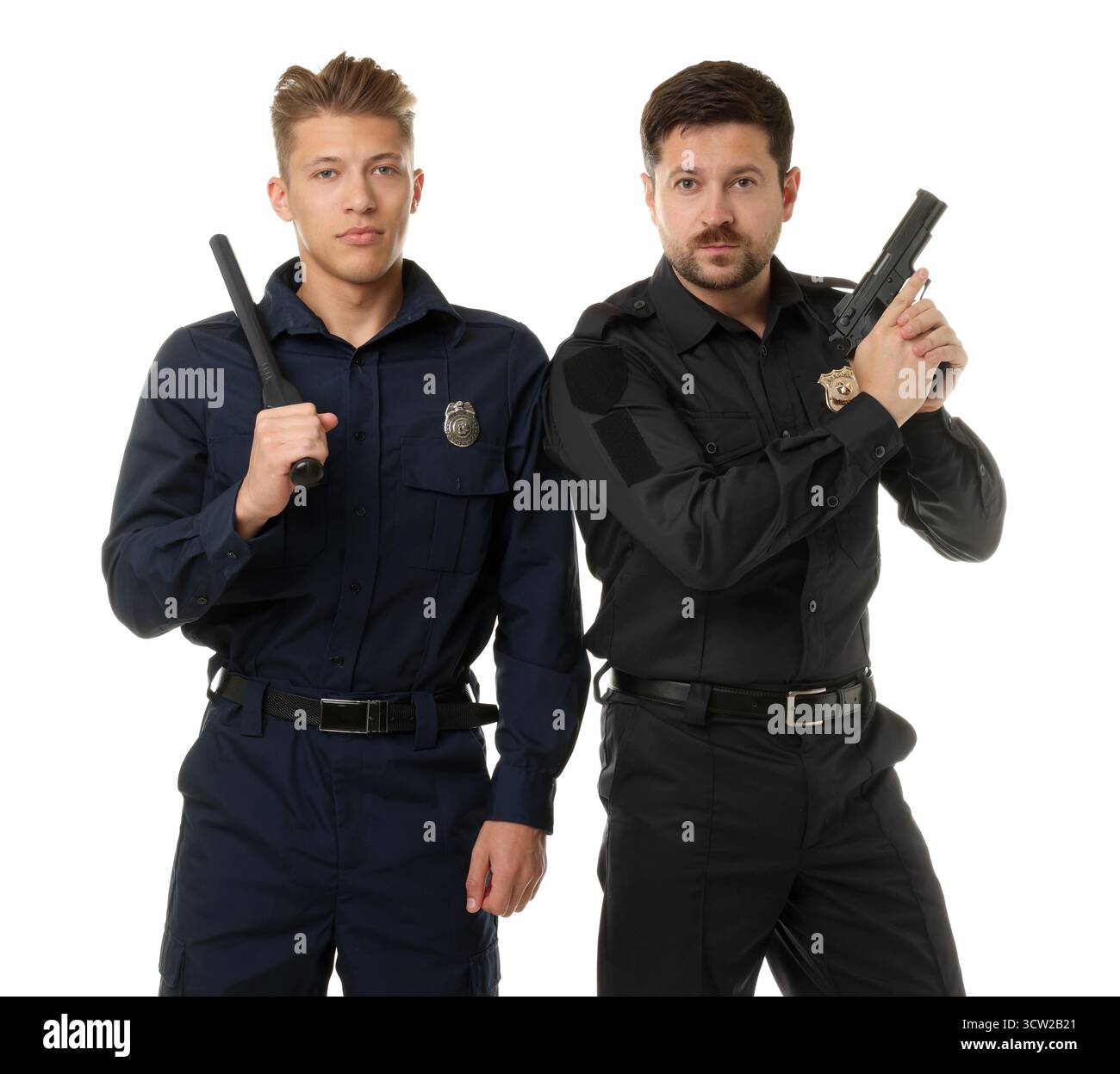 Policemen in uniform with baton and gun on white background Stock Photo ...