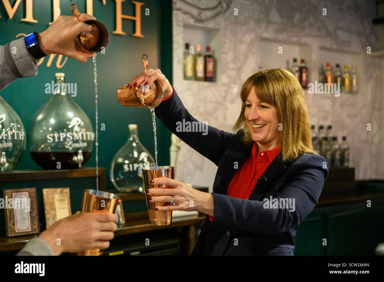 Chancellor of Exchequer Rachel Reeves mixing a gin during a visit to ...
