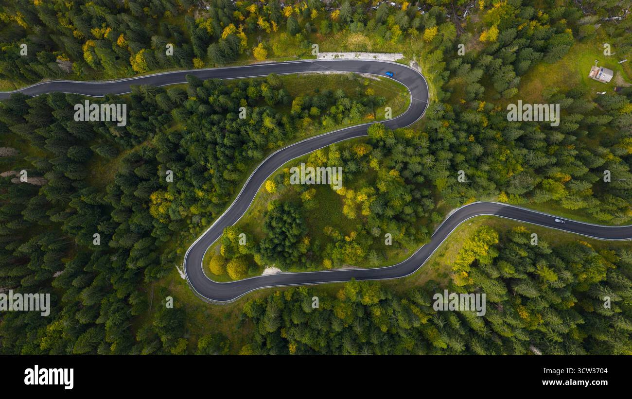 driving road, twisty curved in forest. Corners and turns. Driving ...