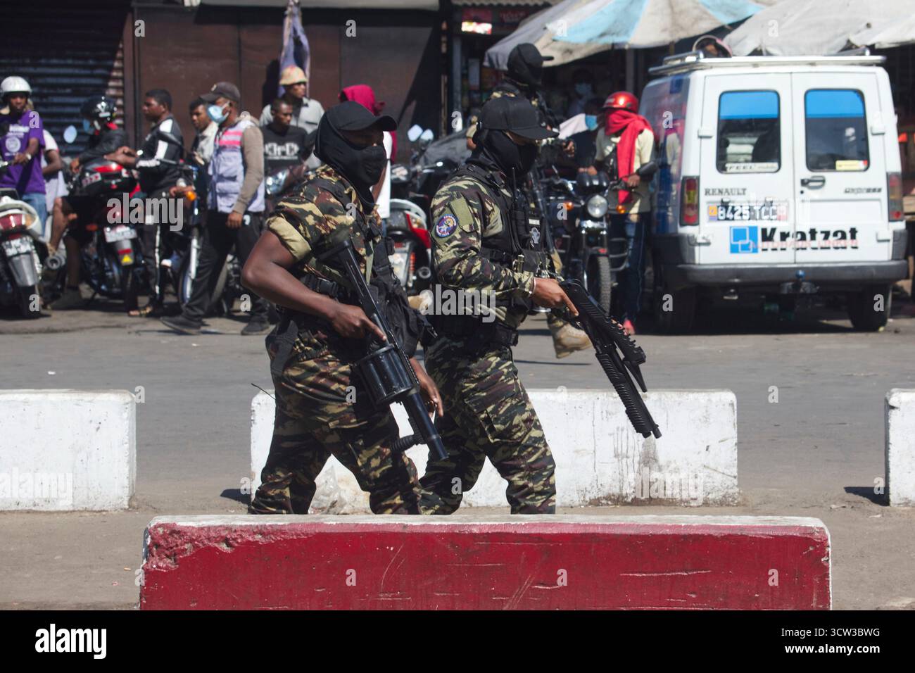 Police patrol the streets during a protest calling for the president to ...