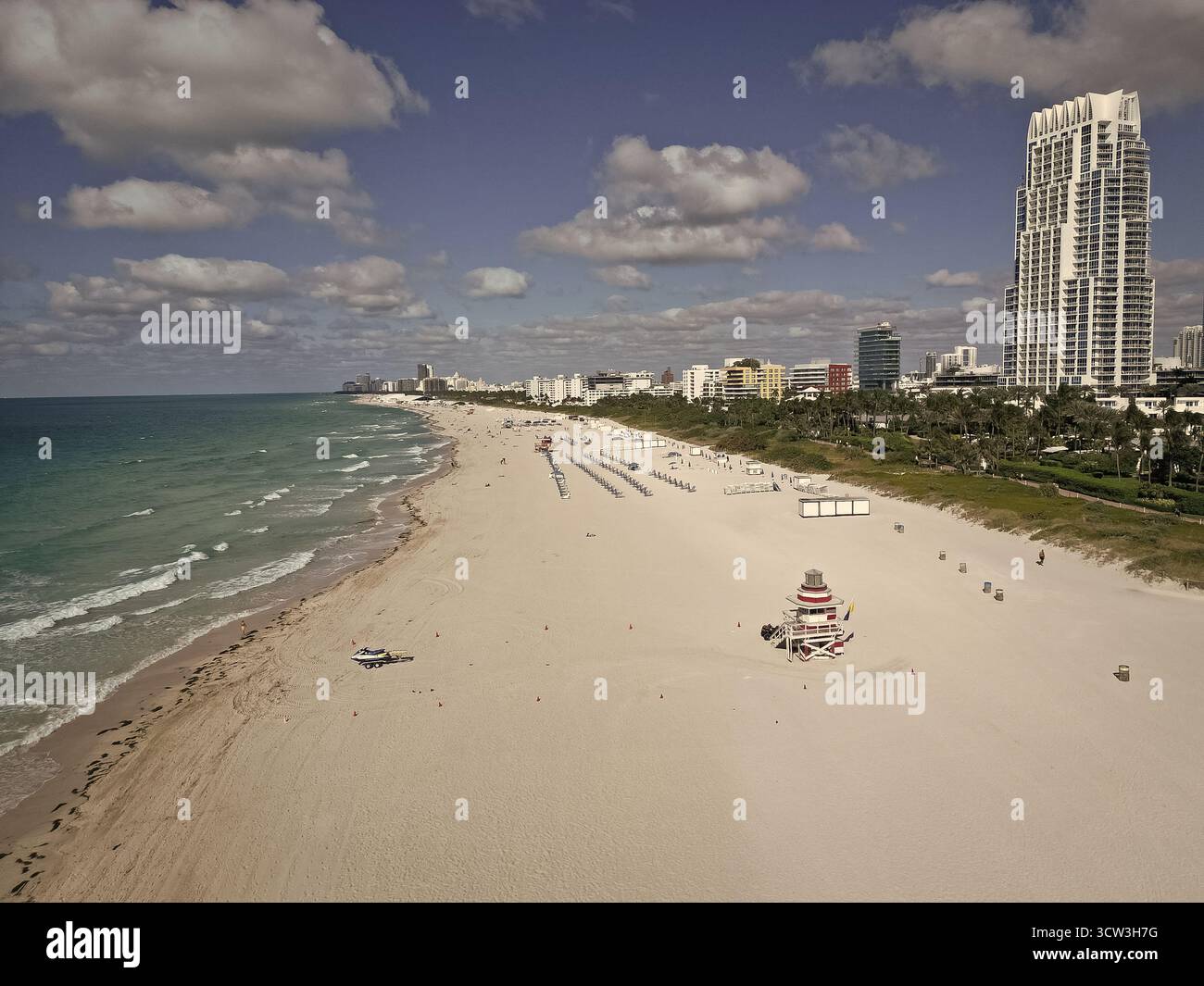 Miami south beach. Travel to sea. Aerial top view of sand beach with ...