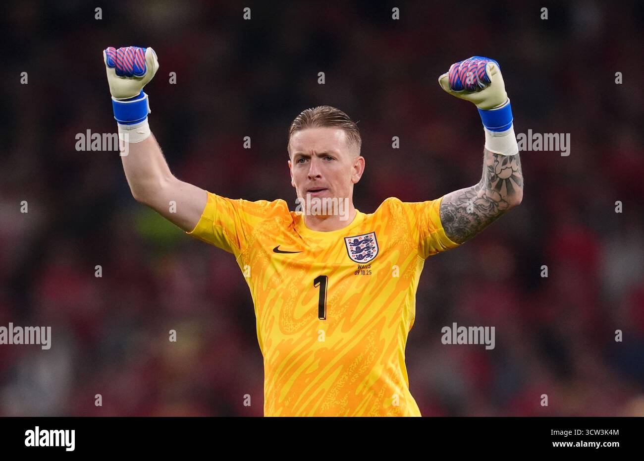 England goalkeeper Jordan Pickford celebrates after team-mate Ollie ...