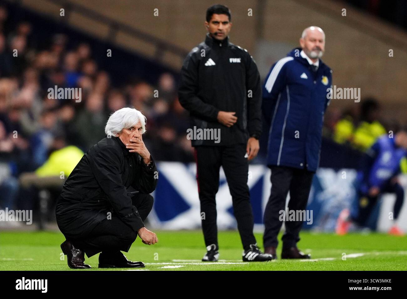 Greece manager Ivan Jovanovic (left) crouches on the touchline during ...