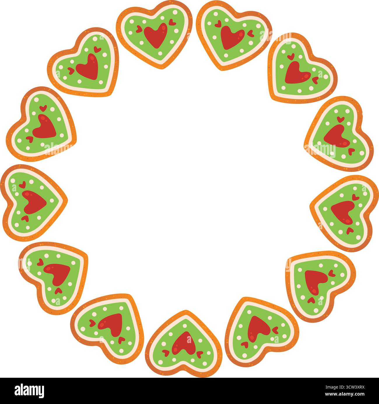 Round Christmas frame made of gingerbread cookies heart shape. Hand ...