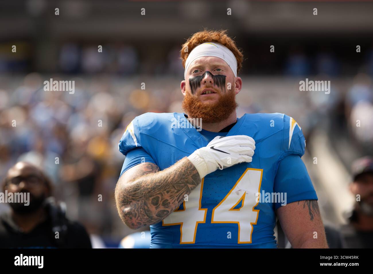 Los Angeles Chargers defensive tackle Scott Matlock (44) stands for the ...