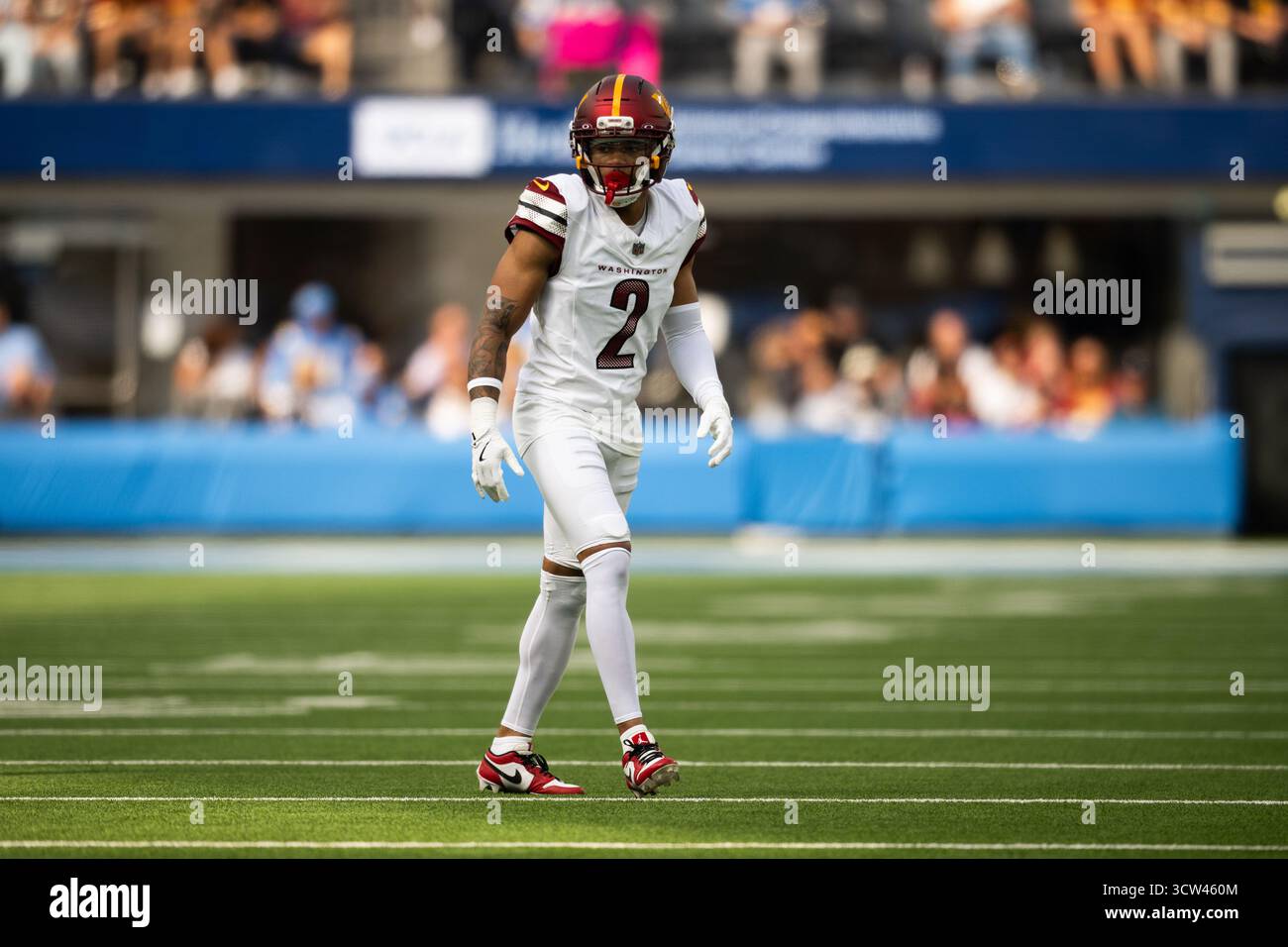 Washington Commanders cornerback Marshon Lattimore (2) takes his stance ...