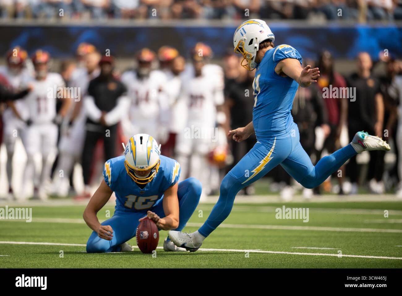 Los Angeles Chargers kicker Cameron Dicker (11) kicks for a field goal ...