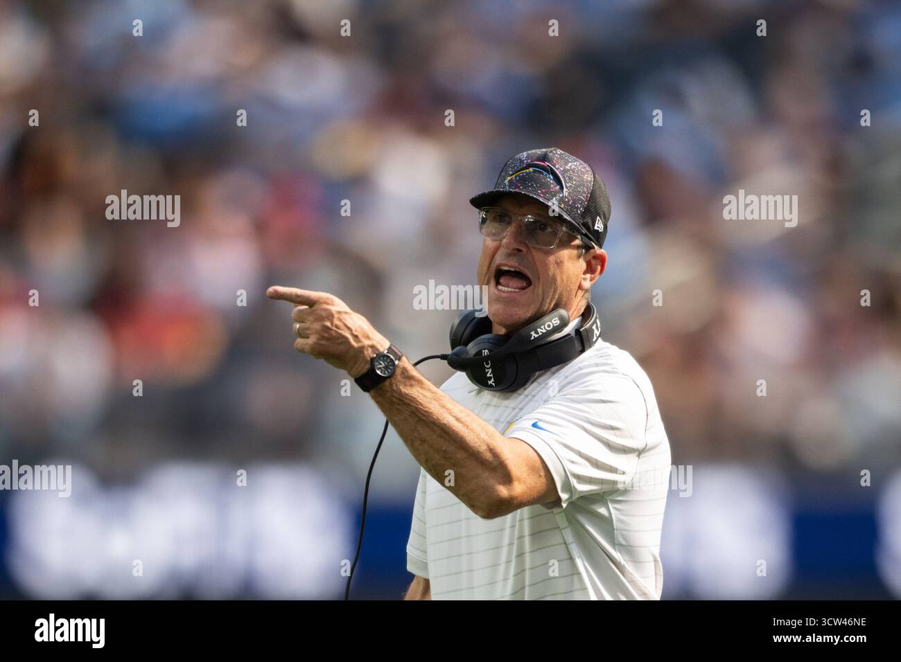 Los Angeles Chargers head coach Jim Harbaugh gestures during an NFL ...