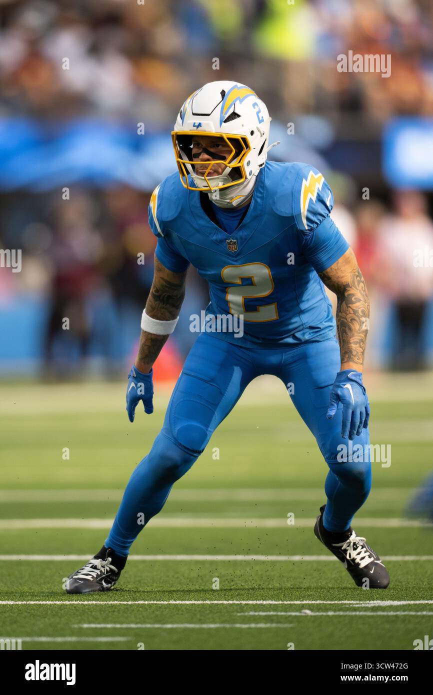 Los Angeles Chargers cornerback Elijah Molden (2) takes his stance ...