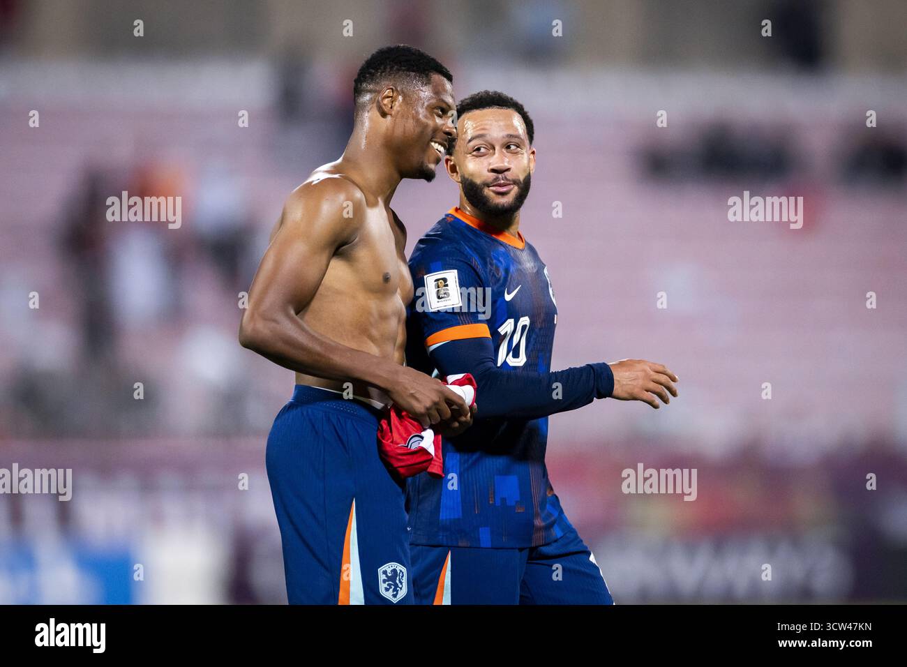 ATTARD - (l-r) Denzel Dumfries of the Netherlands and Memphis Depay of ...