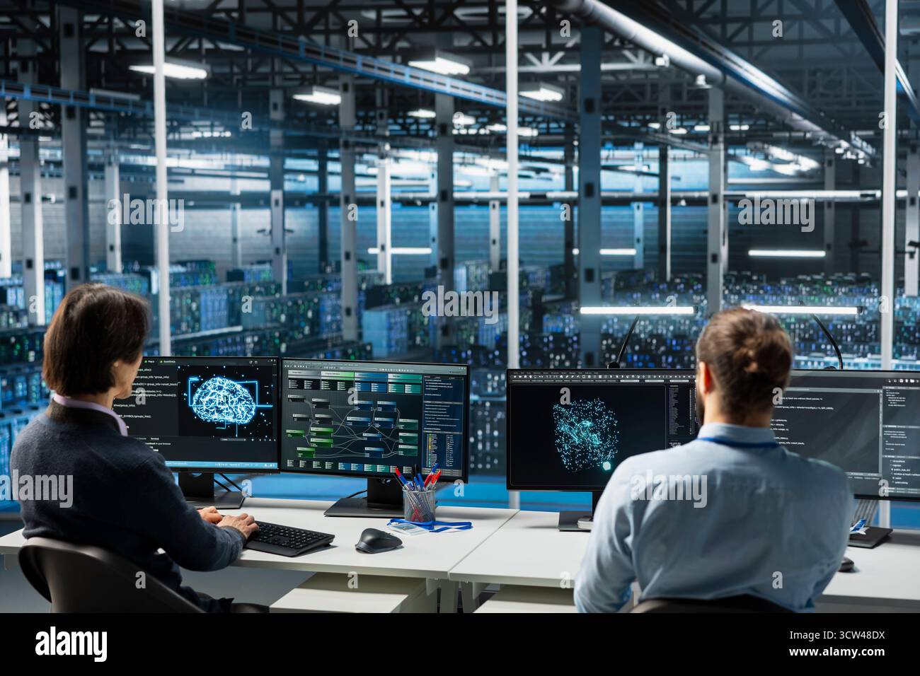 Team of data center technicians adjusting neural networks model ...