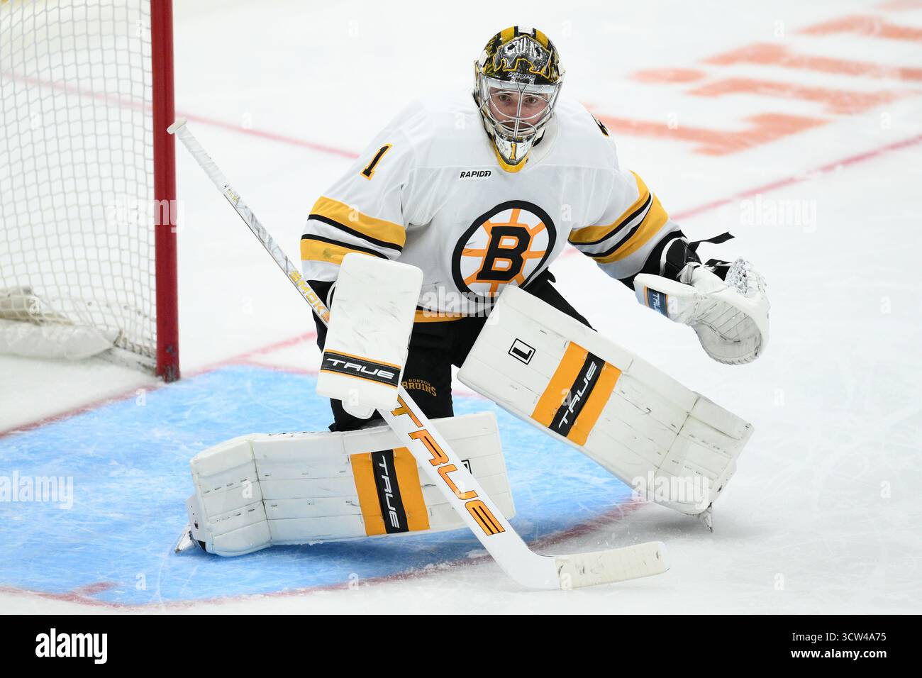 Boston Bruins goaltender Jeremy Swayman (1) in action during the third ...