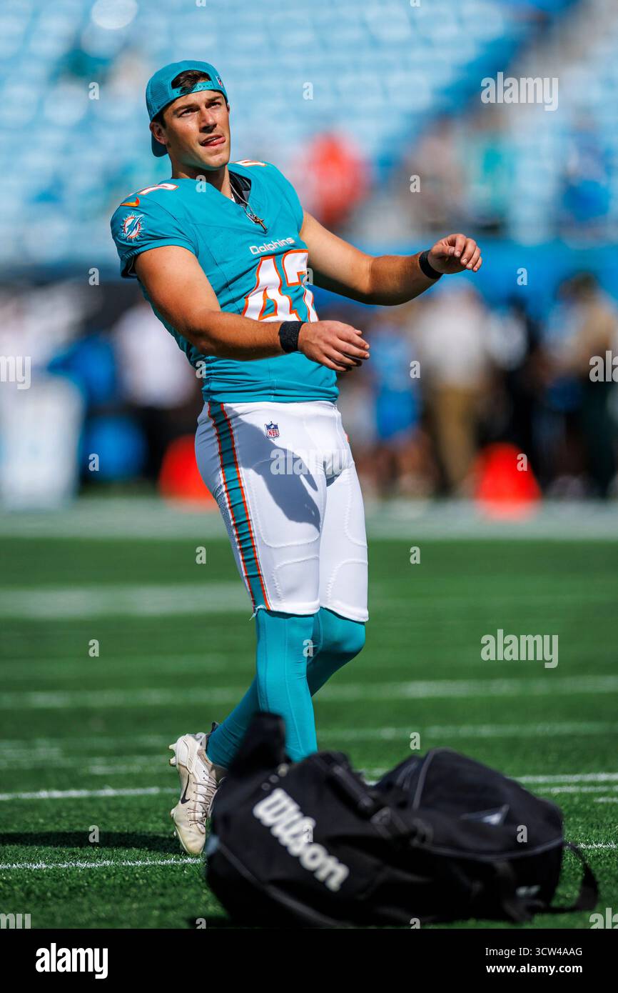 Miami Dolphins kicker Riley Patterson (47) warms up before an NFL football game against the ...