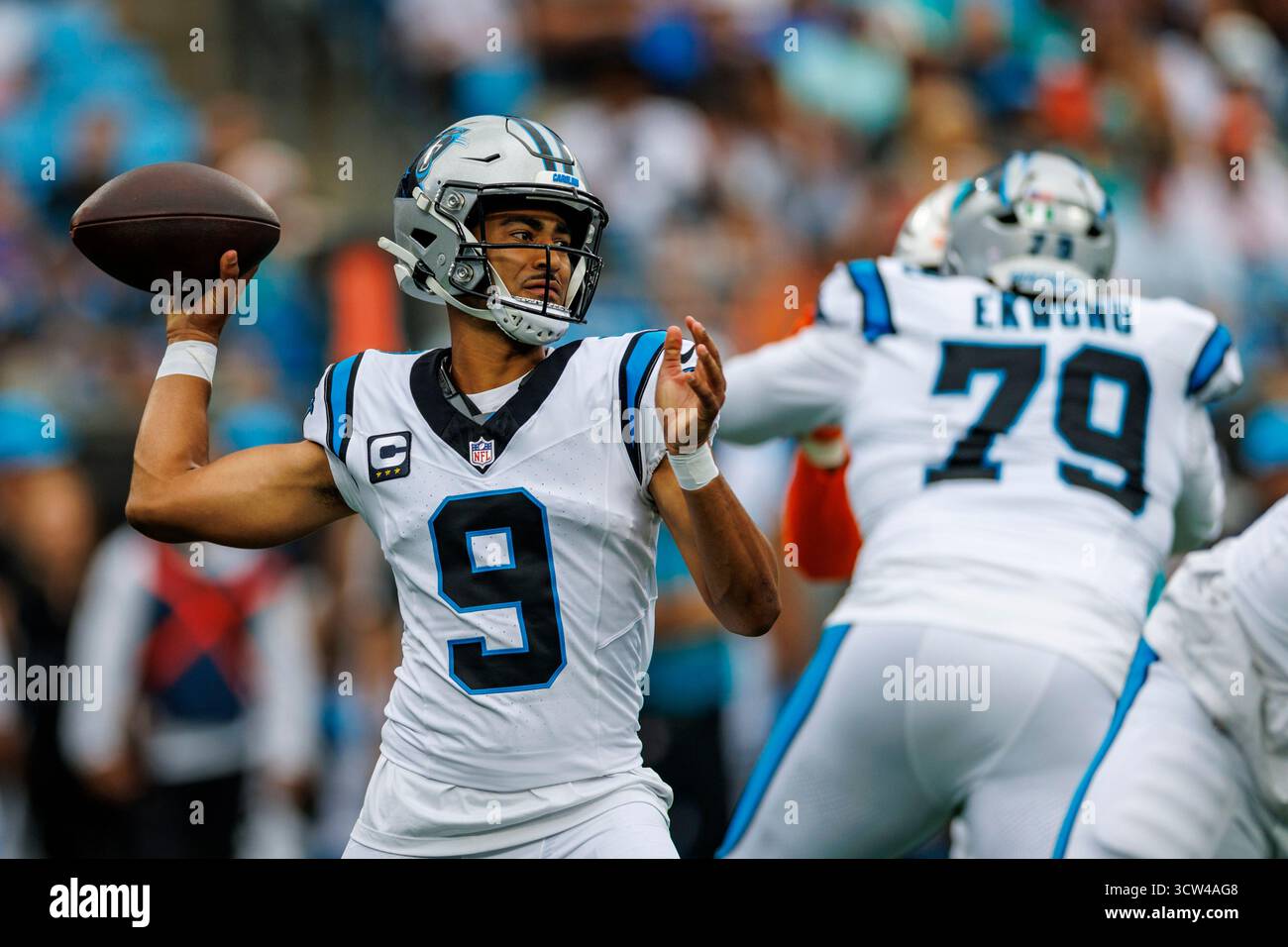 Carolina Panthers quarterback Bryce Young (9) passes the ball during an ...