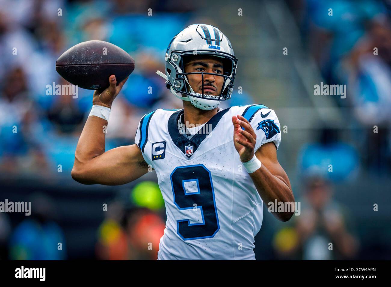 Carolina Panthers quarterback Bryce Young (9) looks to pass during an ...