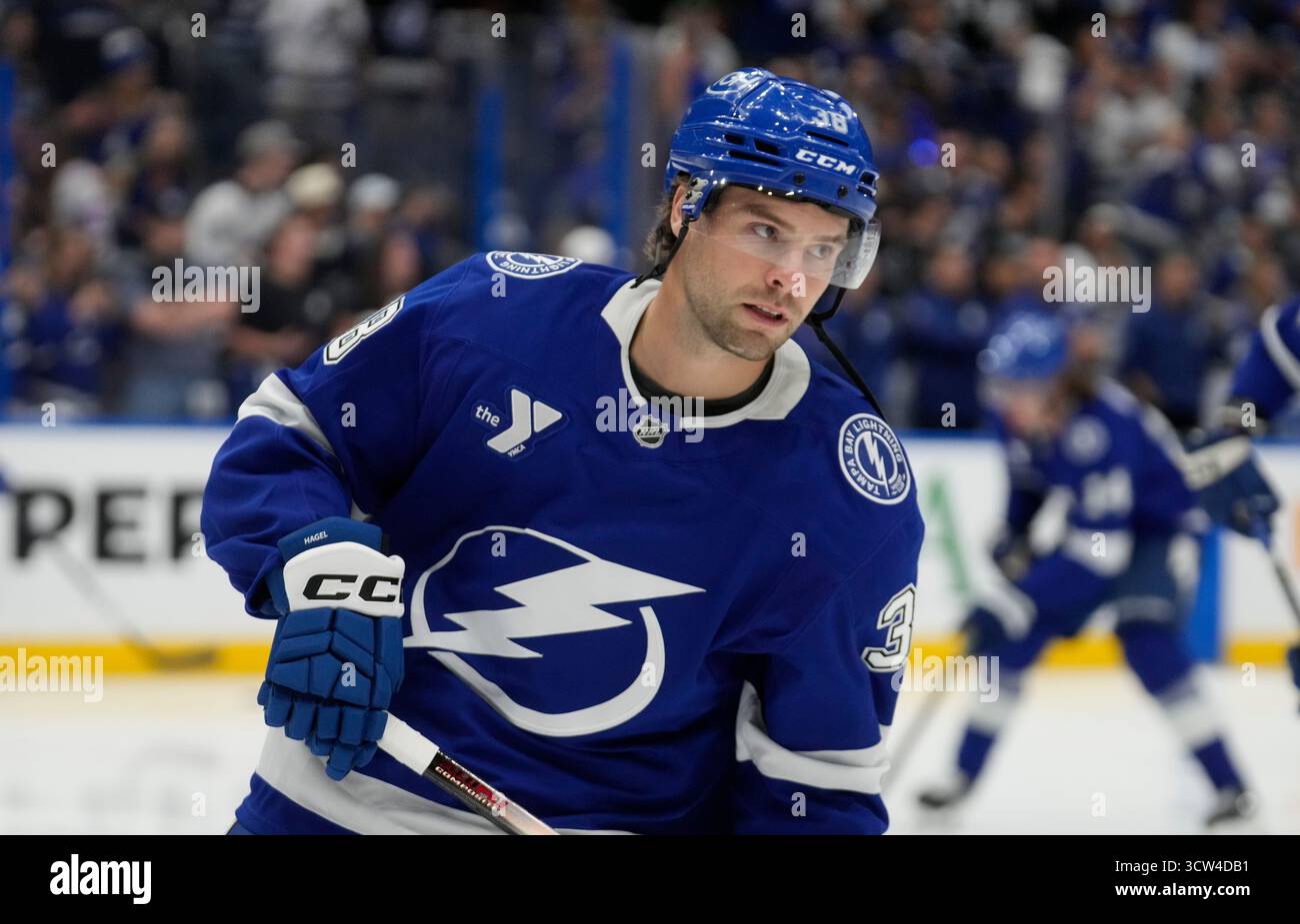 Tampa Bay Lightning left wing Brandon Hagel (38) warms up before an NHL ...