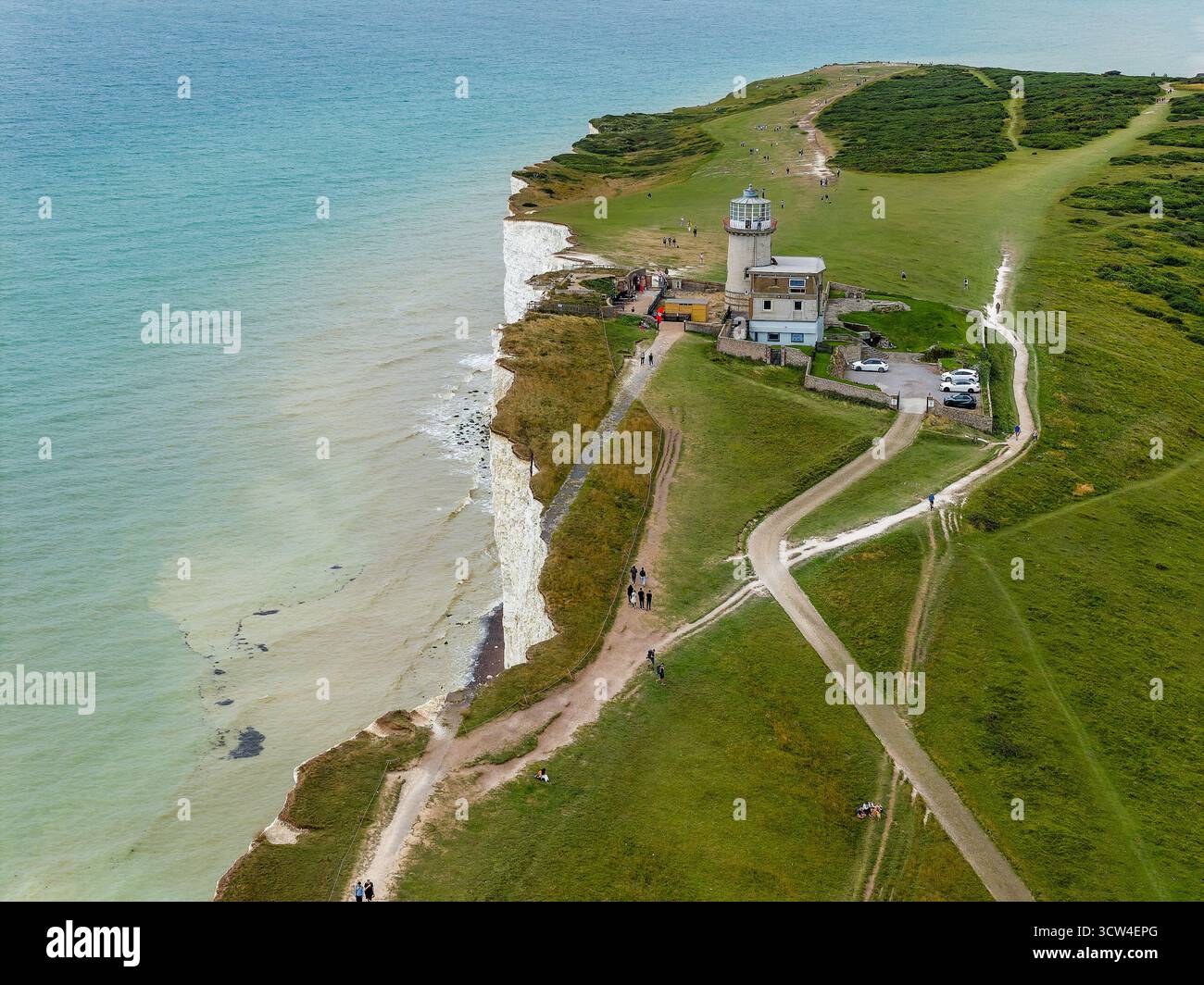 High angle view showing coastal erosion on the clifftop at Beachy Head ...