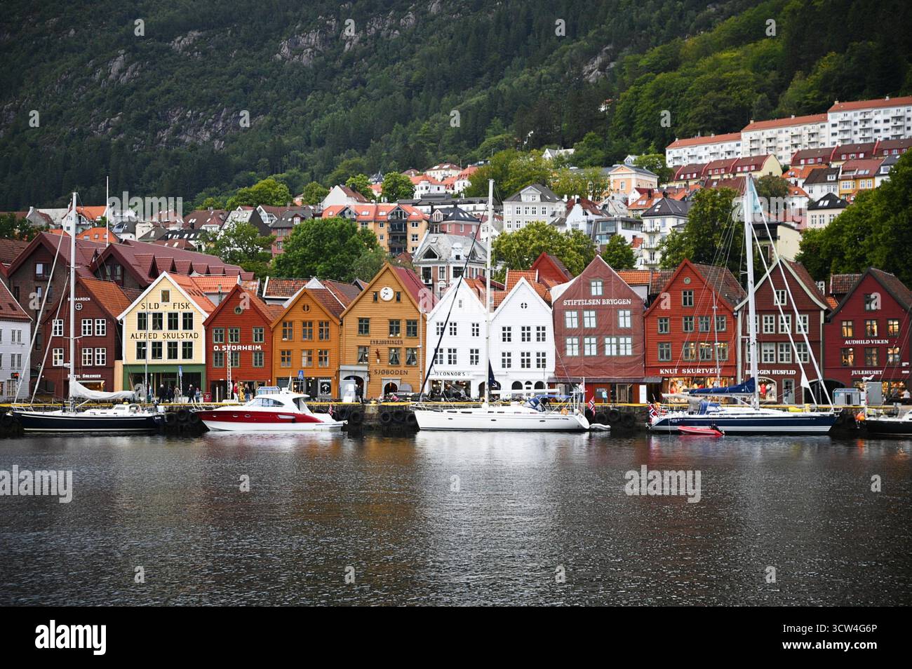 Landscape with scenic view of Bryggen the historic wharf district and ...